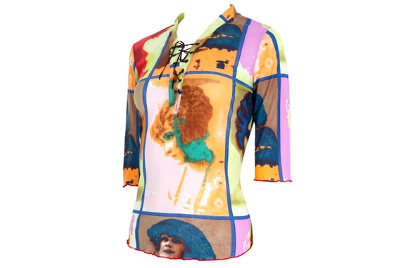 Vintage early 2000s pop art portraits mesh top / Mult… - Gem