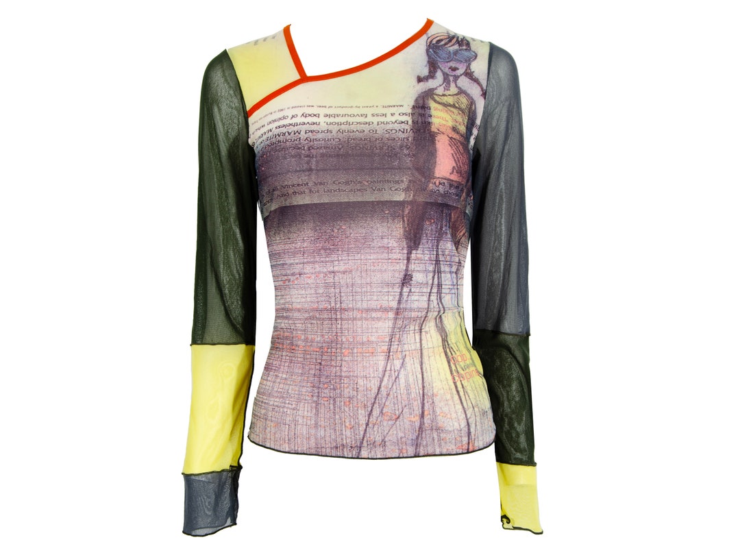 2000s Cop Copine Sheer Mesh Top / Y2K Abstract Collage Print Long ...