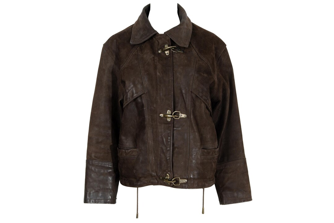90s Metal Clasp Closure Cropped Leather Jacket / Brown Leather ...