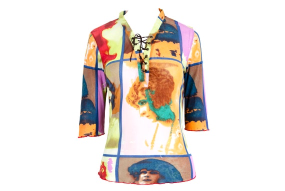 Vintage early 2000s pop art portraits mesh top / Mult… - Gem