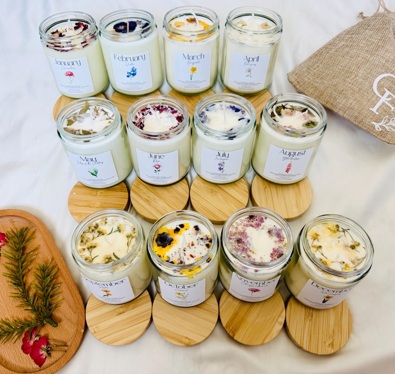 Hand-poured Birth Month Soy Candles | Real Dried Flowers and Leaves ...