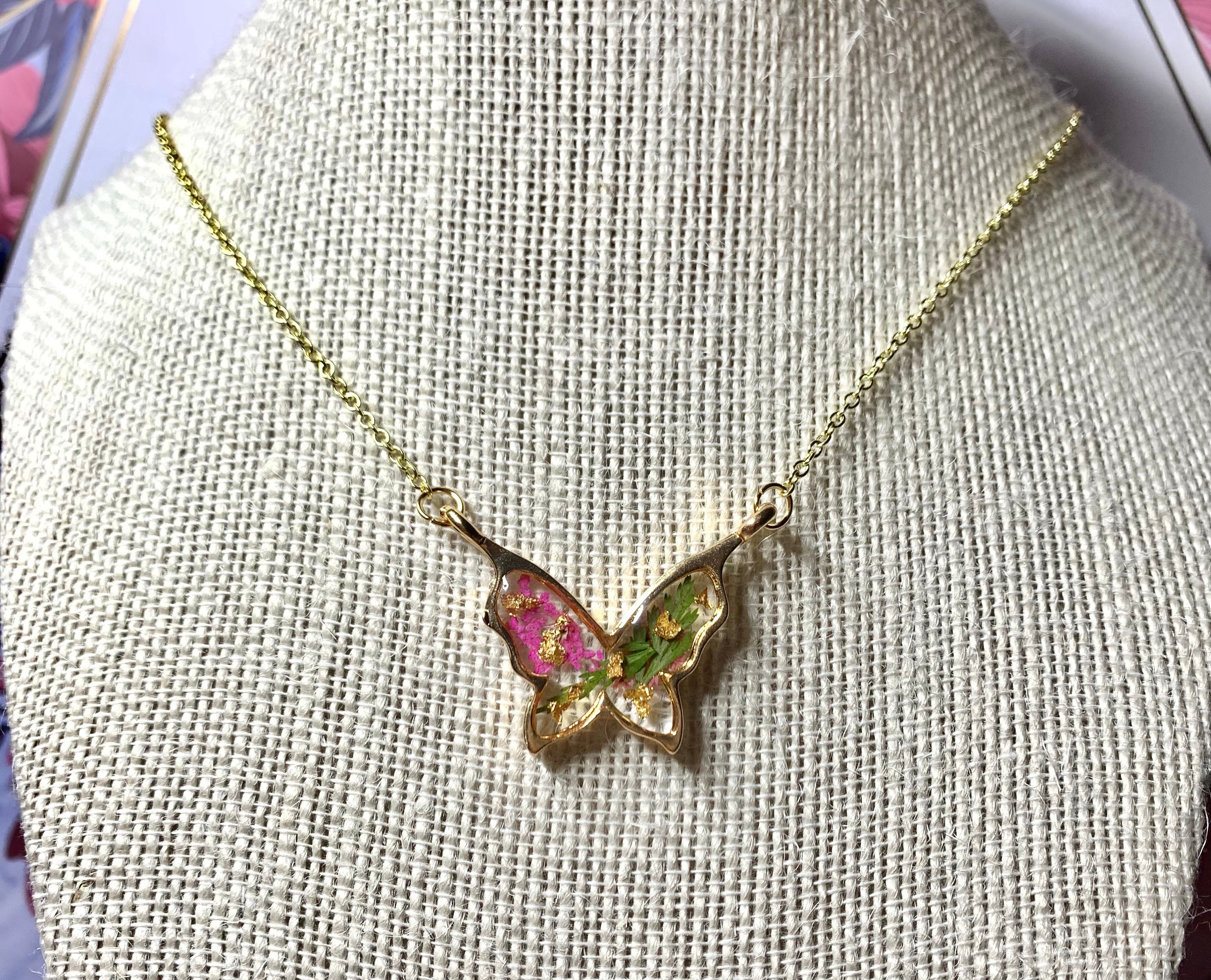 Butterfly Necklace Gold Jewelry Handmade Pressed Flowers | Etsy