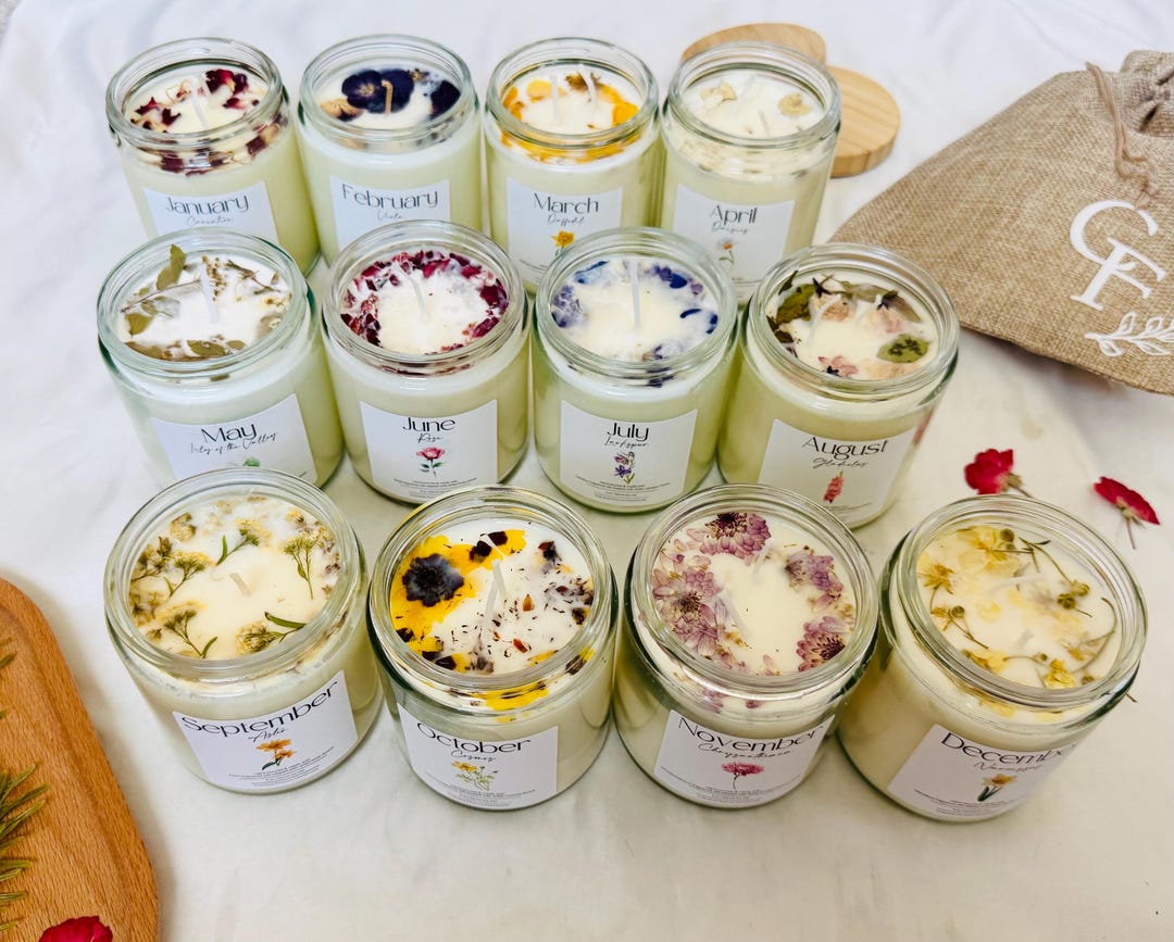 Hand-poured Birth Month Soy Candles | Real Dried Flowers and Leaves ...