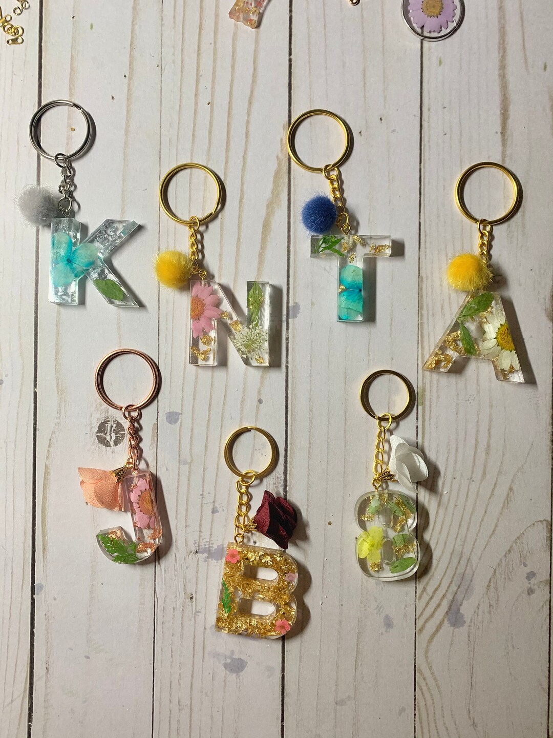 Big Custom Letter Keychain Handmade Pressed Real Flowers Gold Resin ...