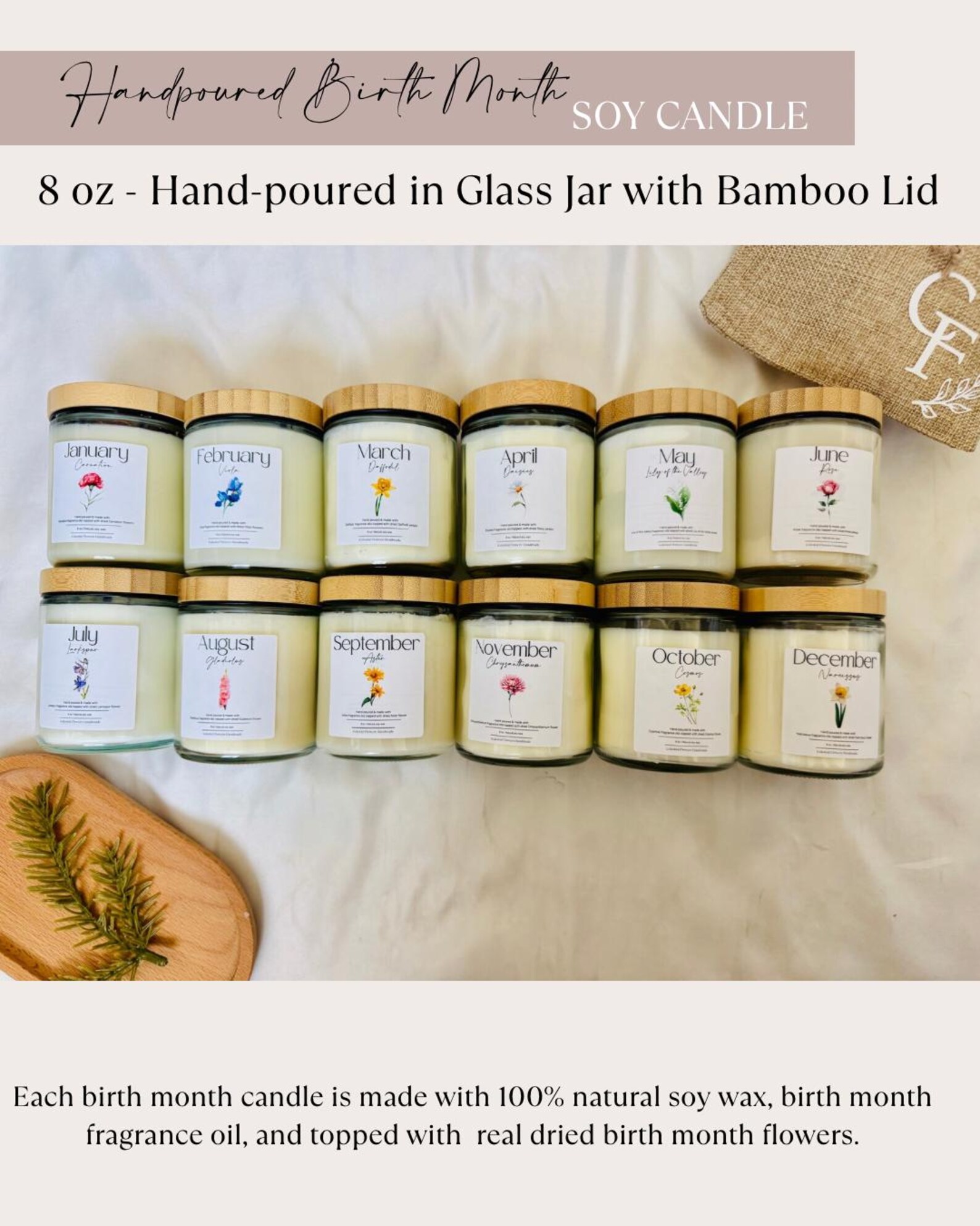 Hand-poured Birth Month Soy Candles | Real Dried Flowers and Leaves ...