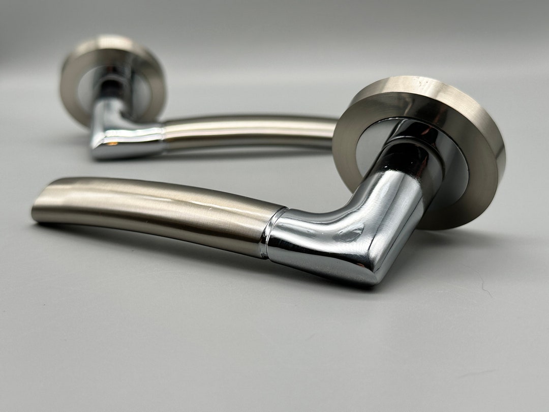 Stunning Two Tone Door Lever on Rose Set Satin Nickel & Chrome Plated ...