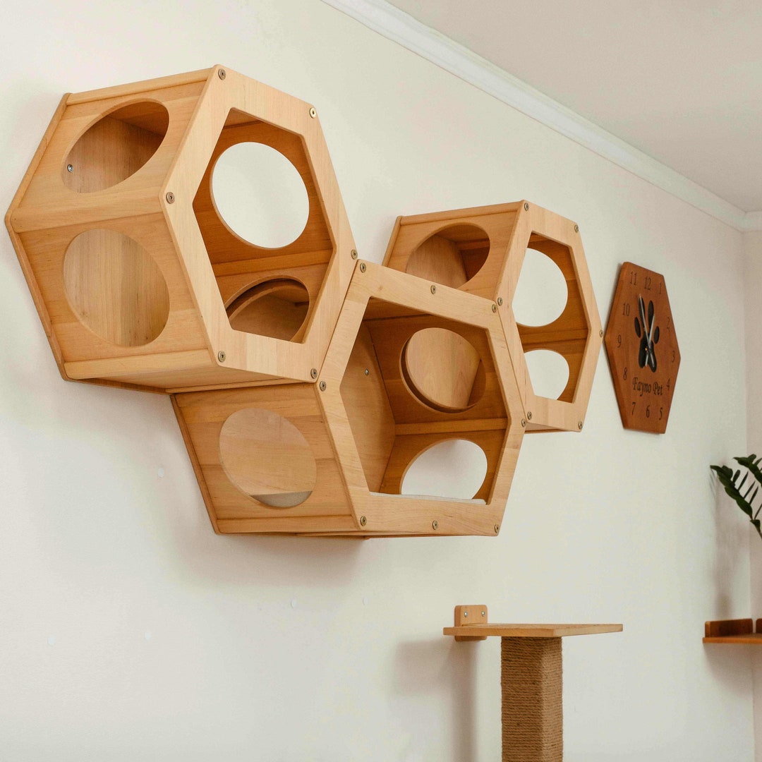 Hexagon Cat House for Wall, Cat Wall Furniture, Modern Cat Shelf, Large ...