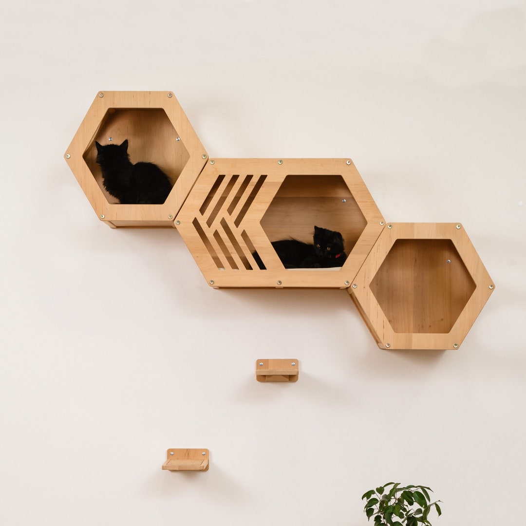 Set Cat House, Hexagon Cat Shelf, Modern Cat Wall Furniture, Hexagonal ...