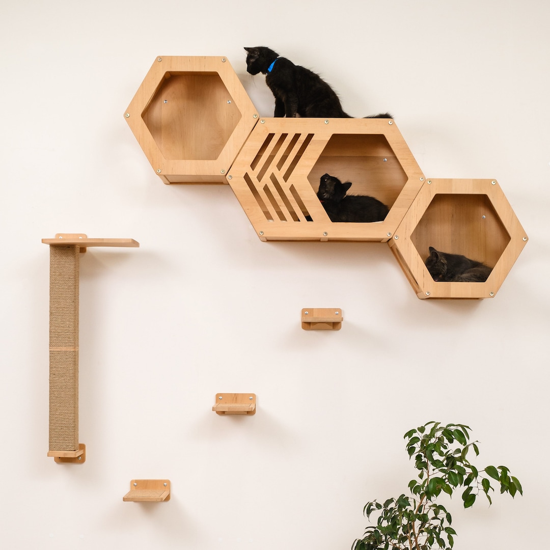 Modern Hexagon Cat Wall Set - Stylish Cat Shelves & Scratcher Combo ...