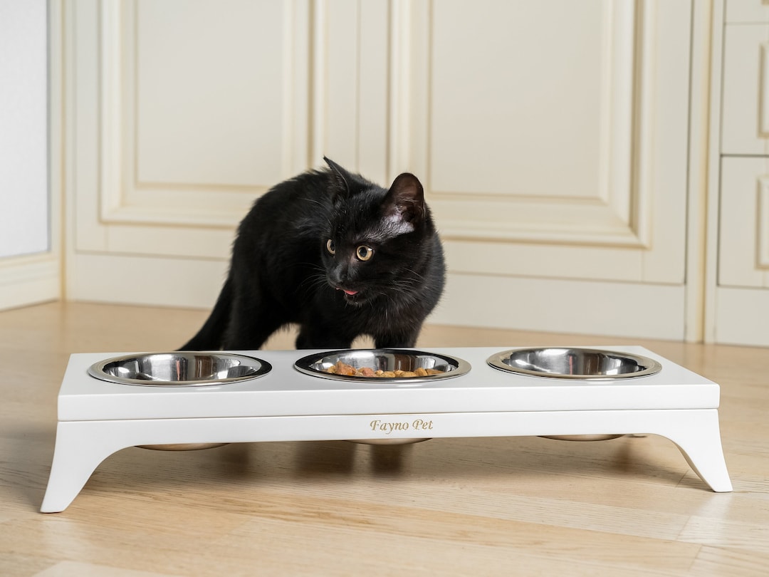 Elevated Cat Feeder With 3 Stainless Steel Bowls - Modern Wooden Pet ...