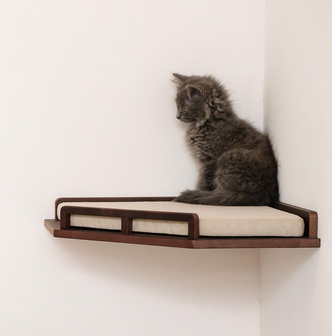 Corner Cat Shelf With Cushion, Solid Wood Corner Cat Shelves, Cat Steps ...