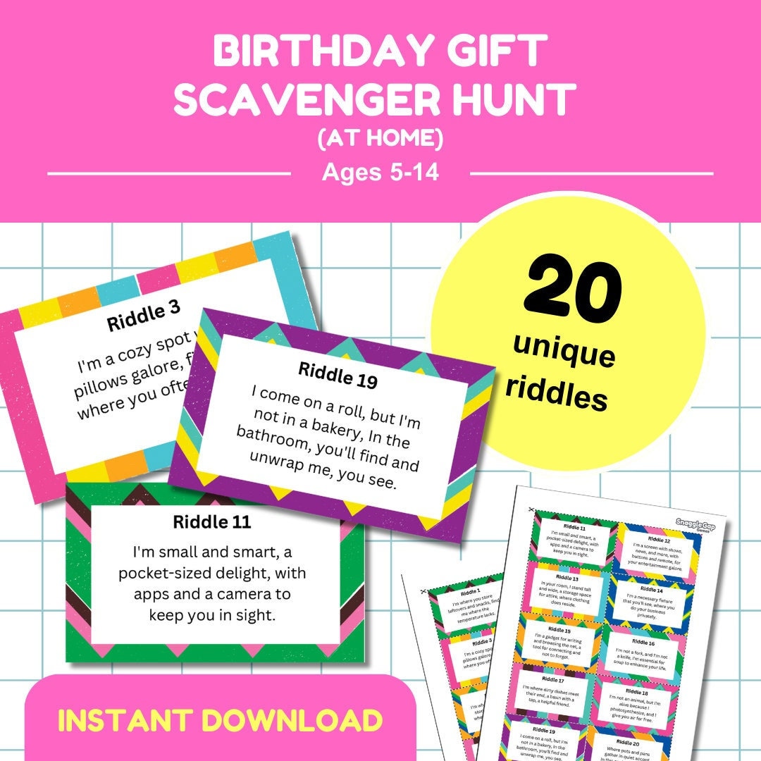 Birthday Scavenger Hunt Printable, Indoor Treasure Hunt Clue Cards ...