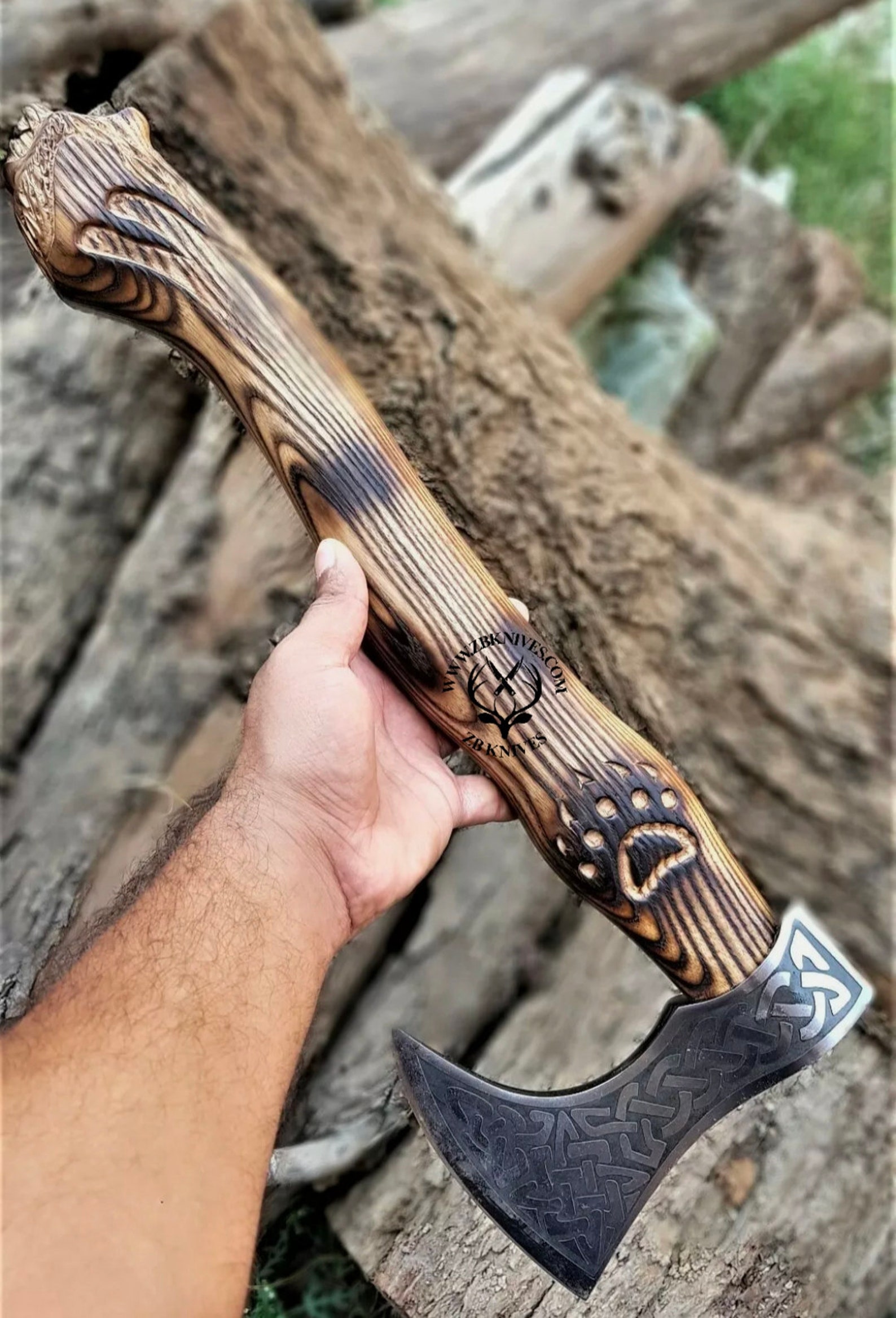 Custom Gift Forged Valkyrie symbol carving Viking Axe Ash Wood | Etsy