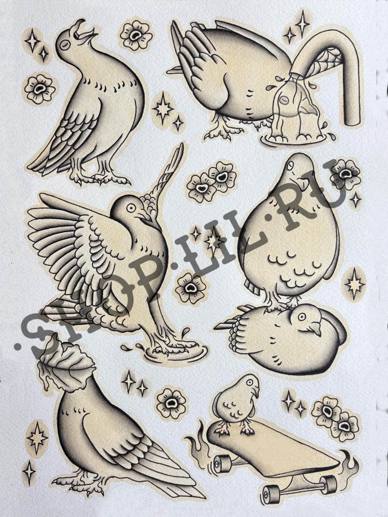 Pigeon Tattoo Flash Sheet Print: Traditional Black & Grey A4 - Etsy