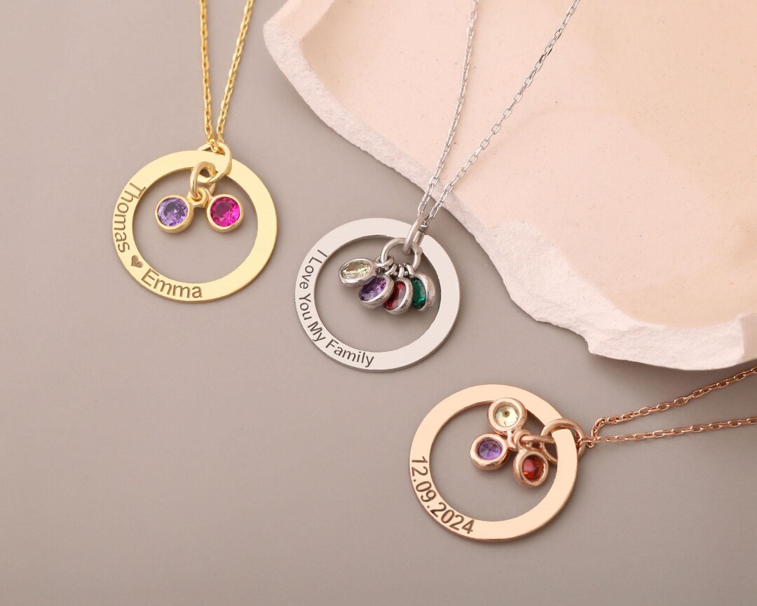 Personalized Sterling Silver Family Birthstone Necklace, Engraved Names ...