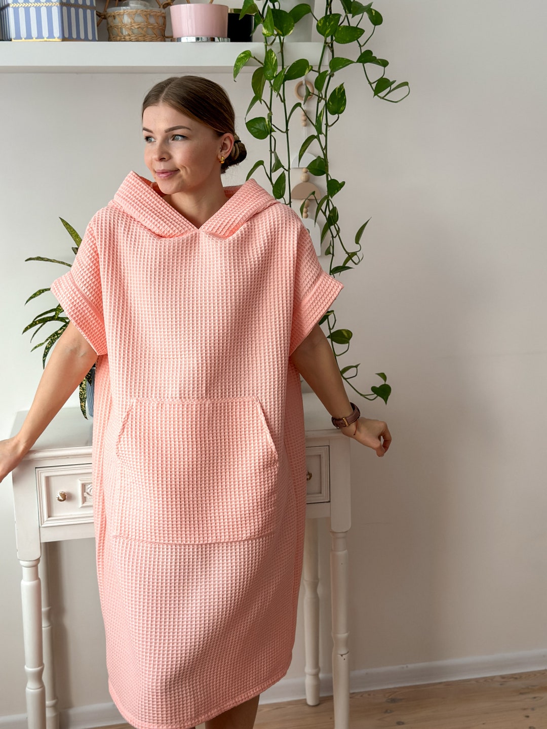Peach Waffle Cotton Hooded Poncho: Unisex Beach Cover-up - Etsy