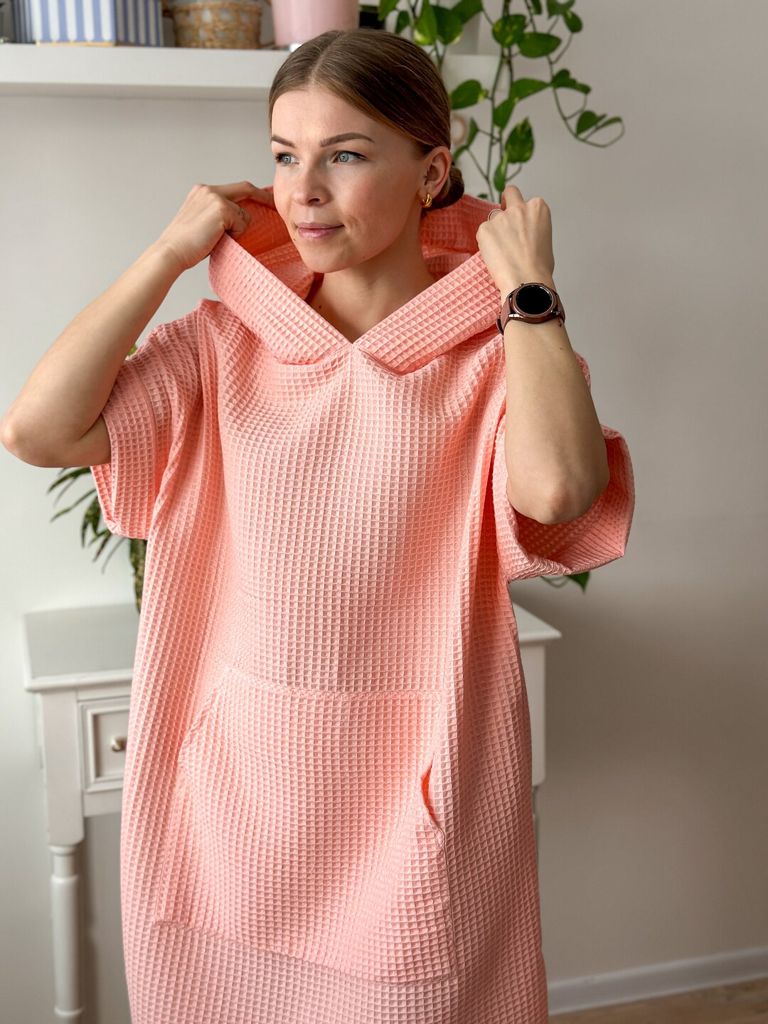 Handmade Waffle Cotton Hooded Poncho, Peach Absorbent Surf Robe - Etsy