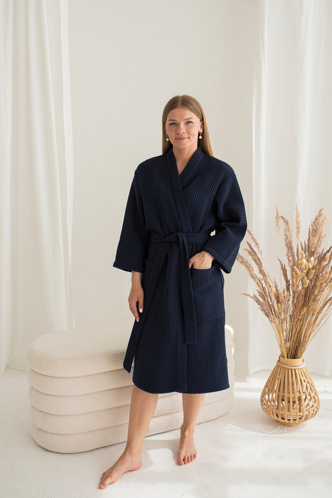 Cotton Spa Robe With Pockets, Deep Blue Color Spa Robe for Woman ...