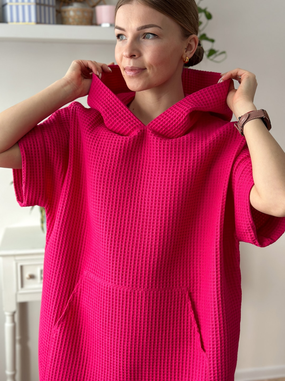 Handmade Waffle Cotton Pink Poncho, Hooded Beach Cover-up - Etsy