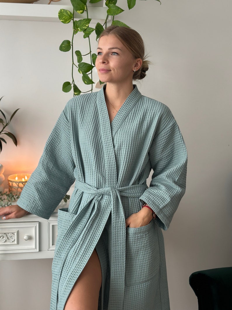 Cotton Spa Robe With Pockets, Sage Green Color Spa Handmade Robe for ...