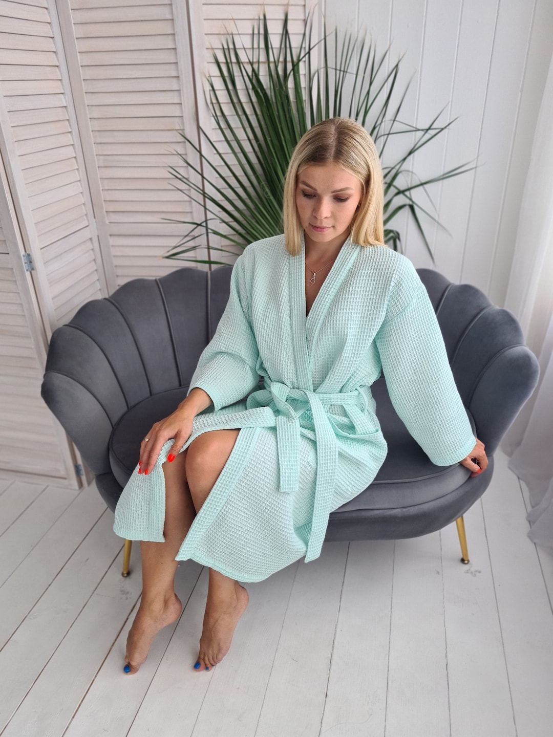 Woman’s Long Waffle Robe Casual Cotton Kimono Waffle Bathrobe Soft ...