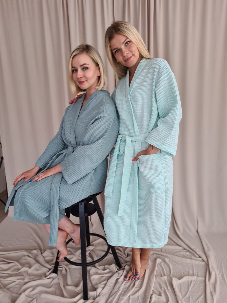 Womans Long Waffle Robe Casual Cotton Kimono Waffle Bathrobe Soft ...