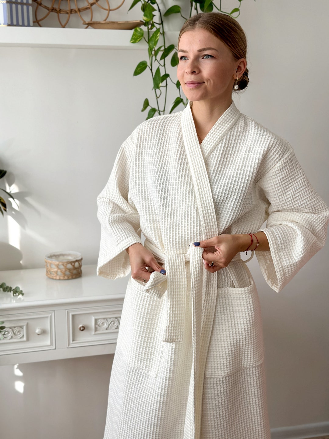 COTTON Waffle Bathrobe, Soft, Breathable Bridesmaids Kimono Robe ...