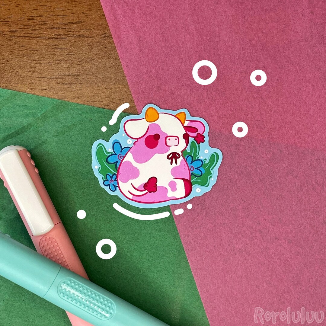 Pink Cow Sticker, Cute Strawberry Cow Sticker, Meme Sticker, Kawaii ...