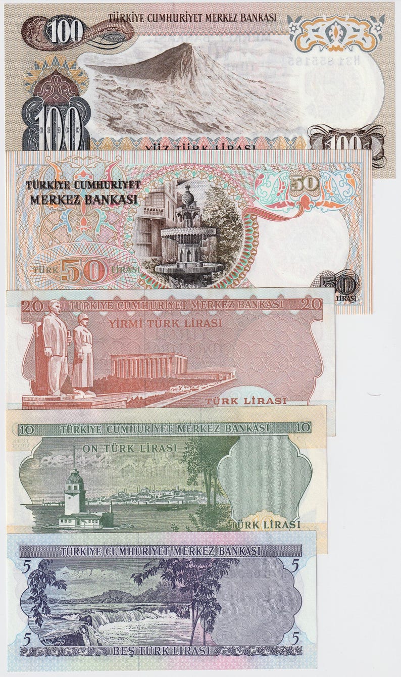 Turkiye Banknote Set, 6 Pcs, 5 10 20 50 100 Lira 1970's to 80's (AU to ...