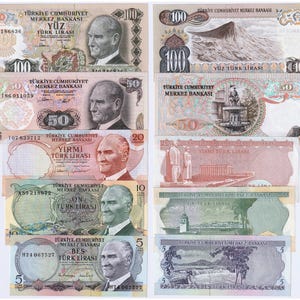 Turkiye Banknote Set, 6 Pcs, 5 10 20 50 100 Lira 1970's to 80's (AU to ...