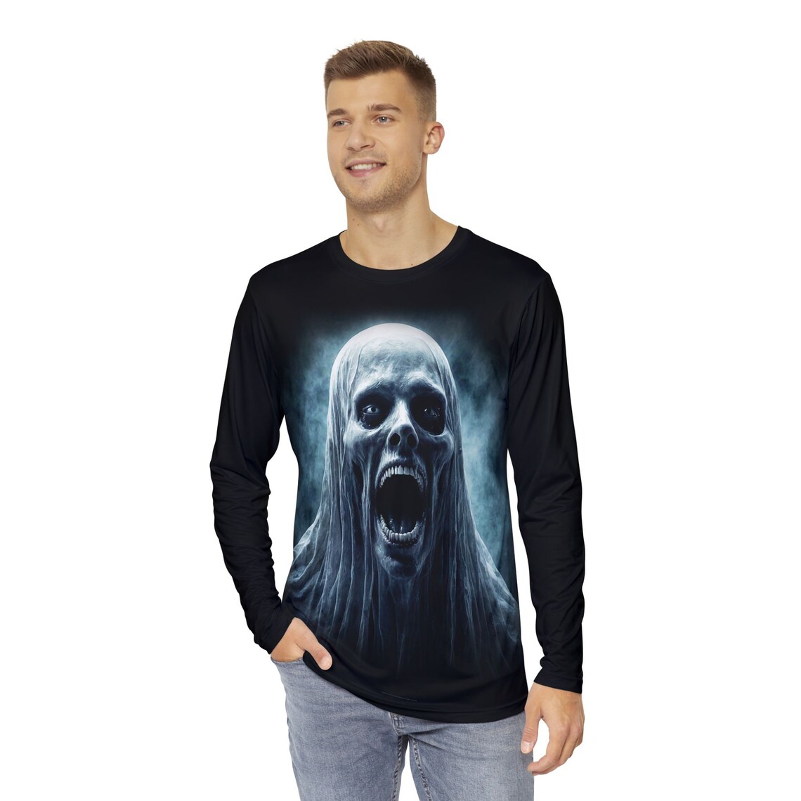HALLOWEEN SCARY GHOUL Men's Soft Comfort Long Sleeve Shirt Featuring ...