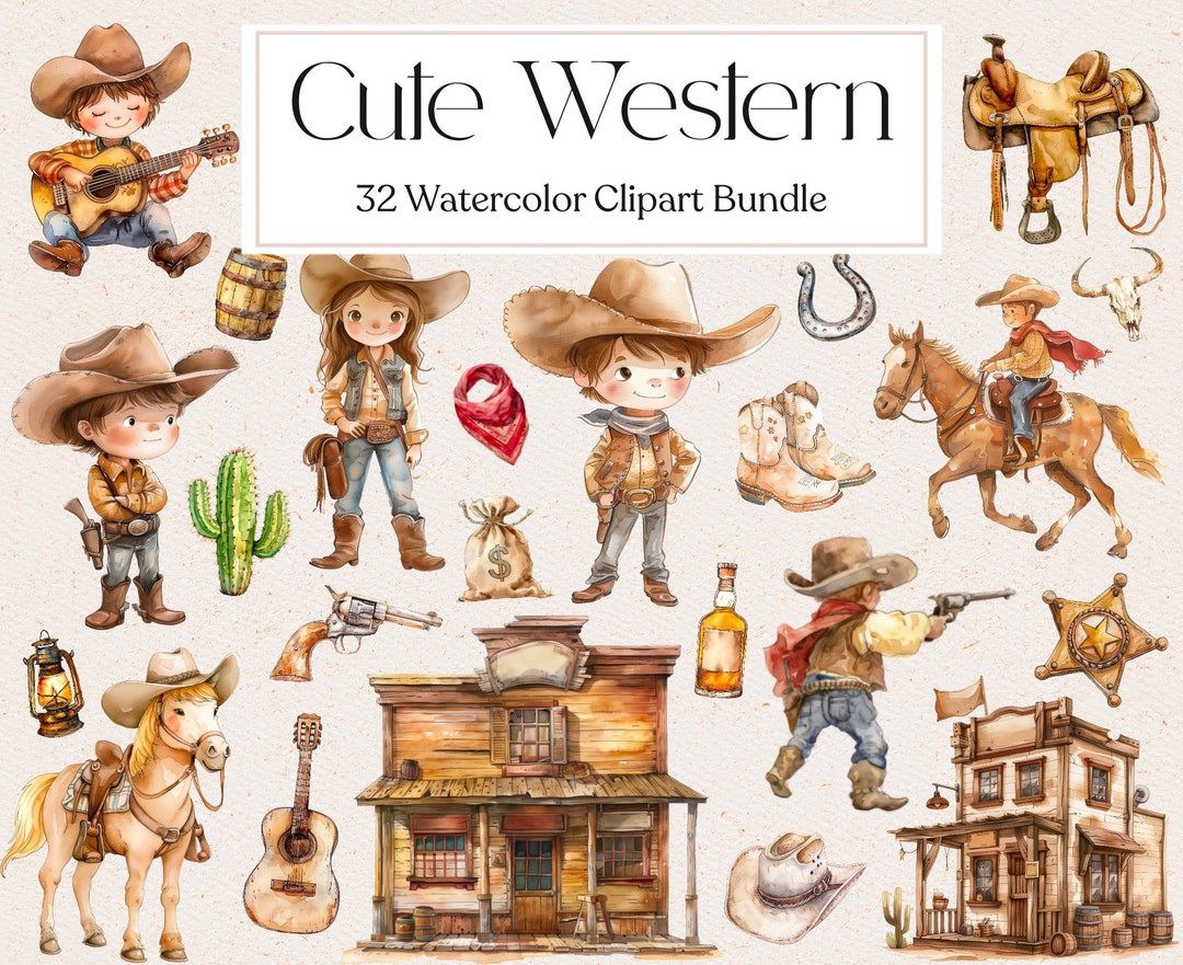 32 Cute Western Clipart, Watercolor Cute Baby Cowboy Clipart, Wild West ...