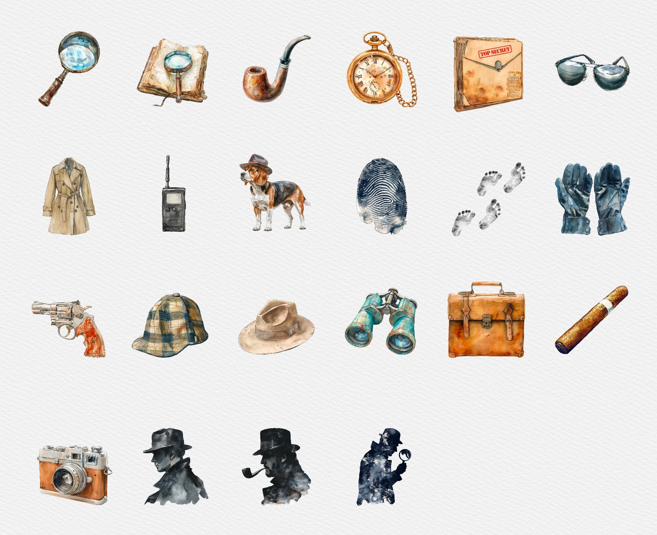22 Detective Watercolor Clipart, Spy Clipart, Private Investigator ...