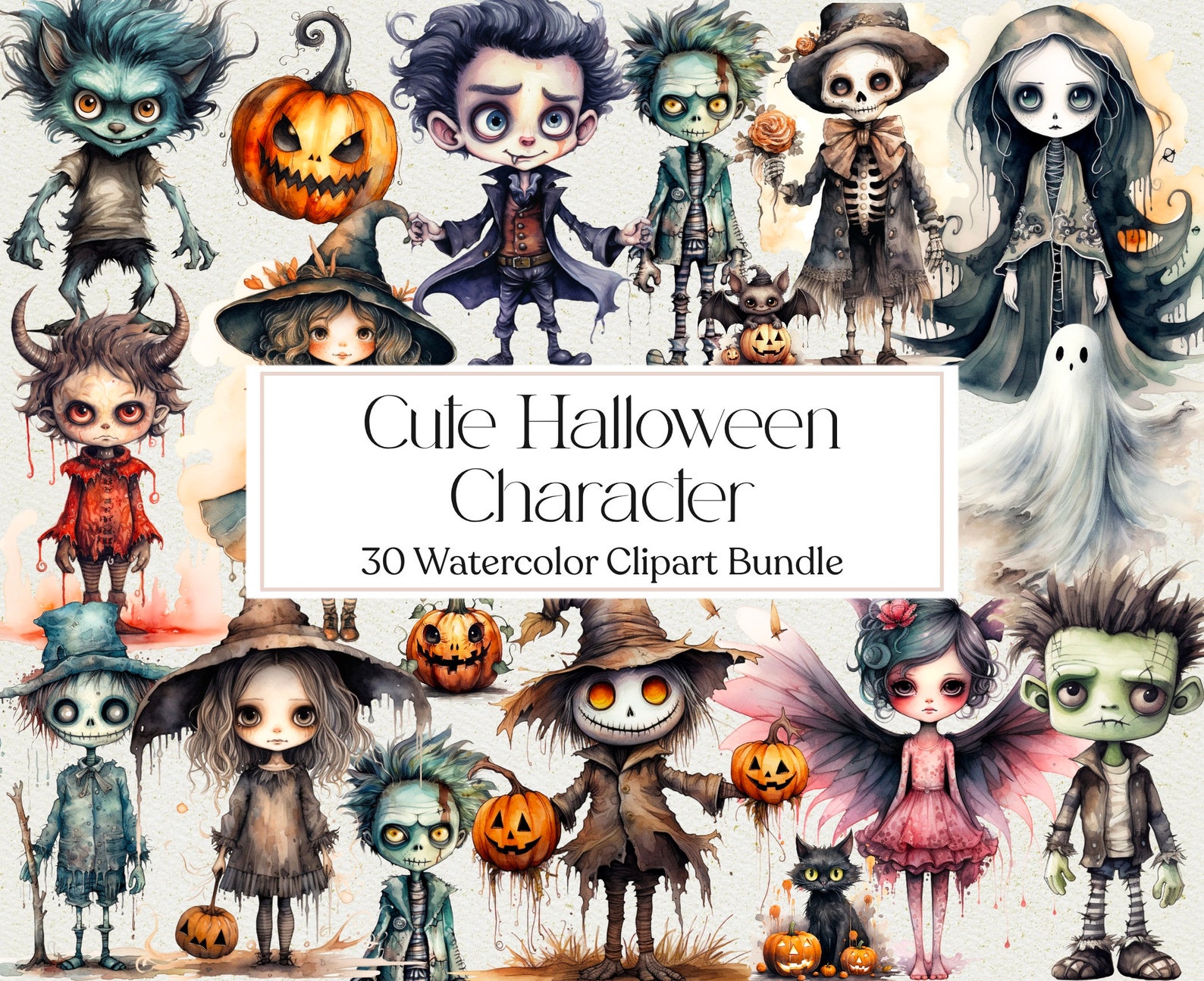 30 Cute Halloween Character Clipart, Watercolor Halloween Clipart ...