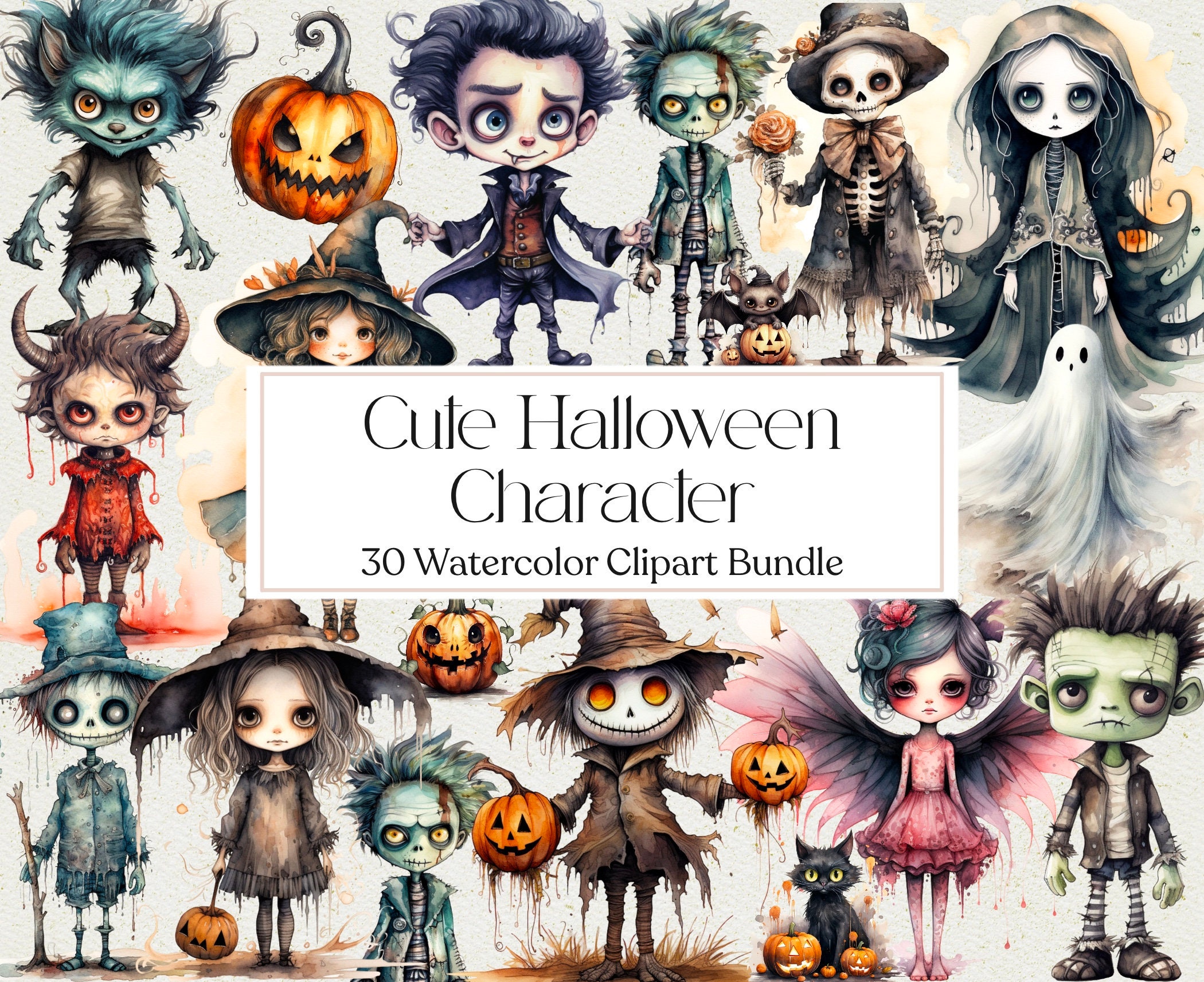 30 Cute Halloween Character Clipart, Watercolor Halloween Clipart ...