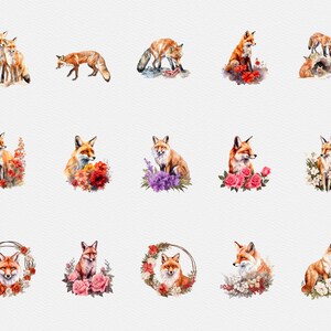 30 Watercolor Fox Clipart, Woodland Animal Clipart, Red Fox, Floral ...