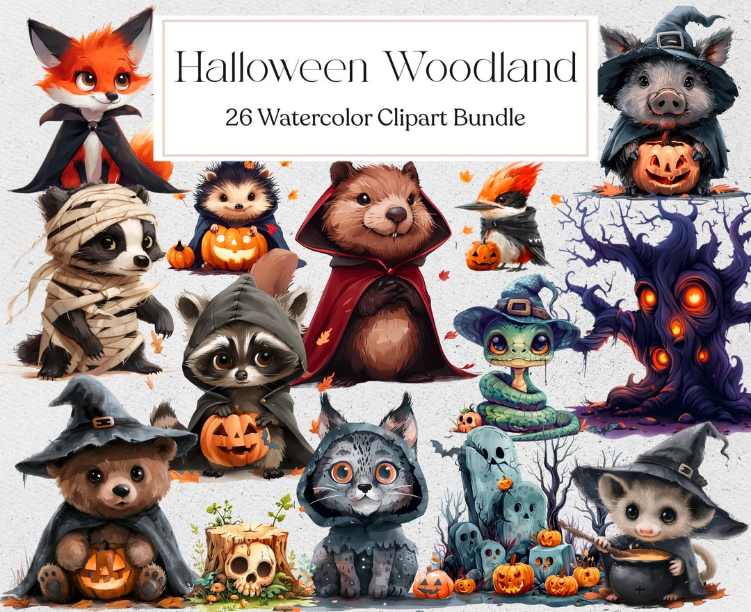 26 Halloween Woodland Animals Clipart, Watercolor Cute Halloween ...
