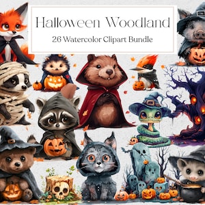 26 Halloween Woodland Animals Clipart, Watercolor Cute Halloween ...