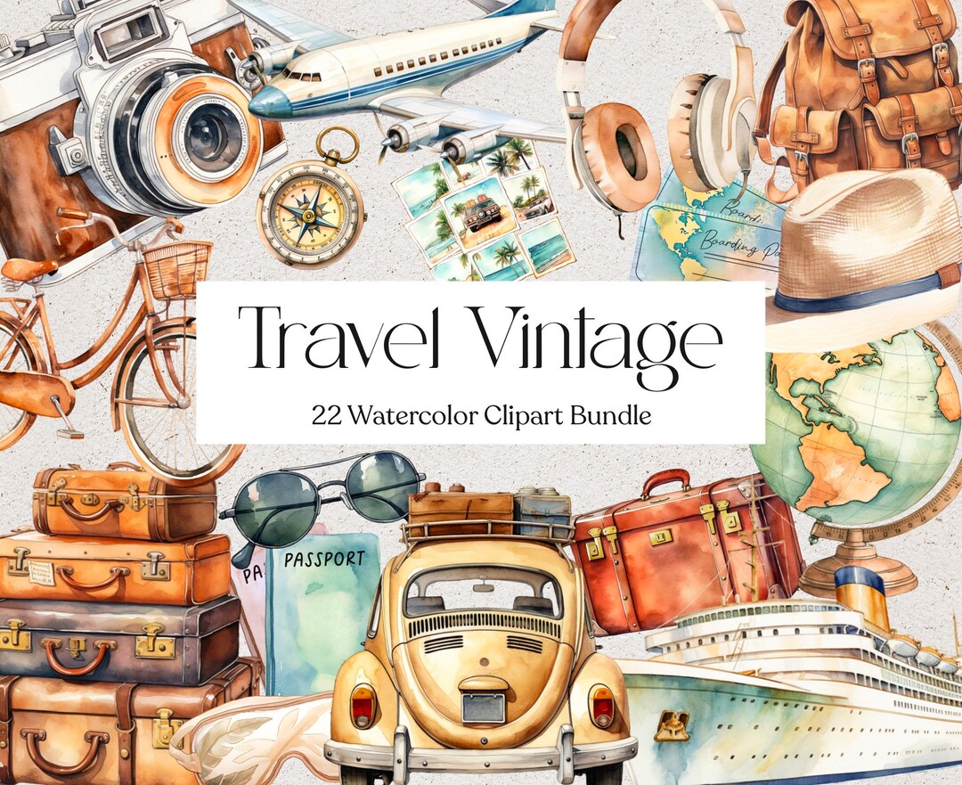 22 Watercolor Travel Clipart, Vintage Travel, Vacation Clipart, Holiday ...