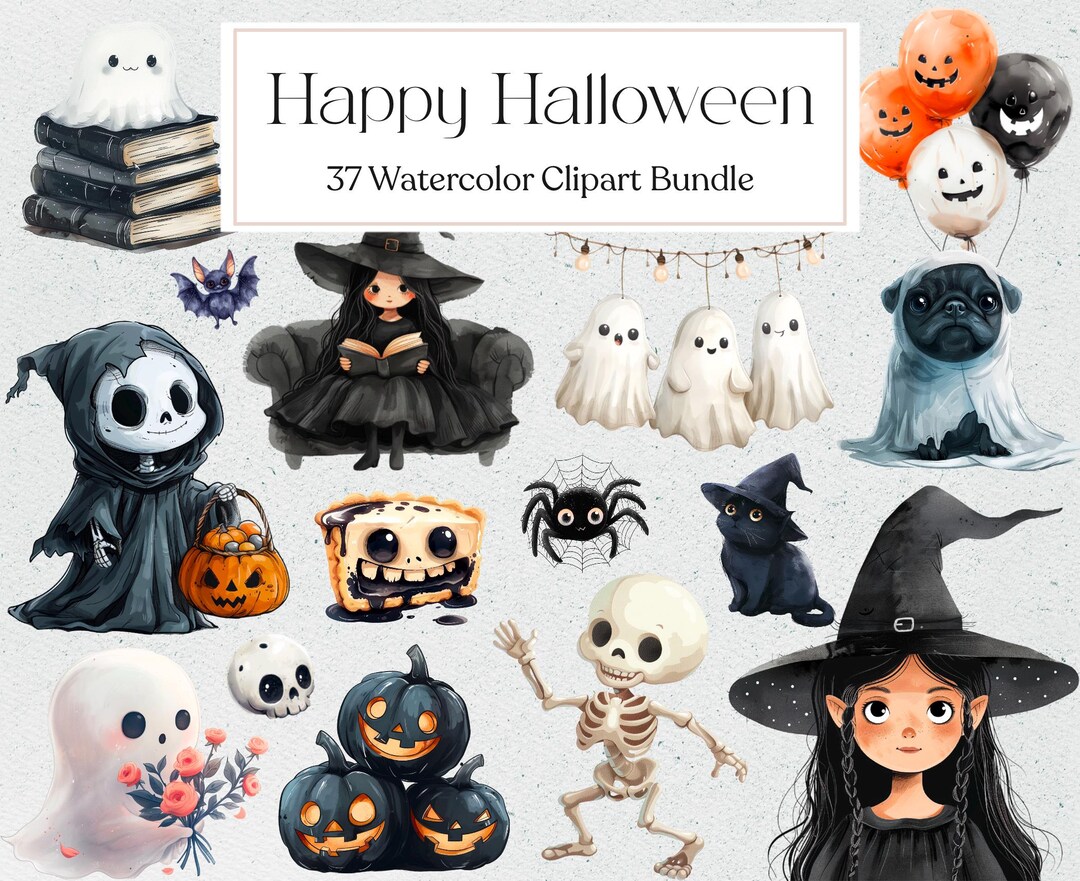 37 Happy Halloween Clipart, Watercolor Cute Halloween Clipart, Kids ...