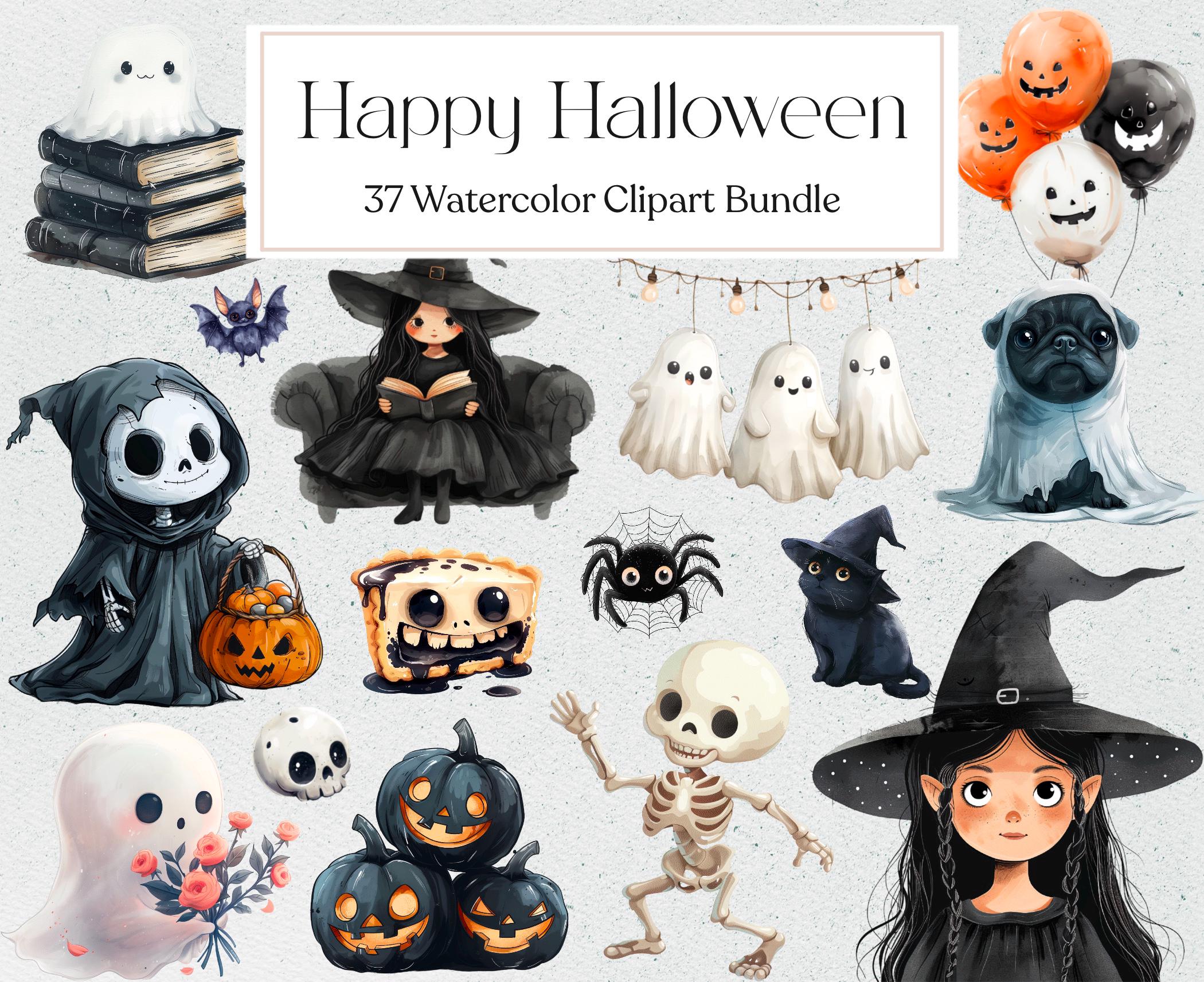 37 Happy Halloween Clipart, Watercolor Cute Halloween Clipart, Kids ...
