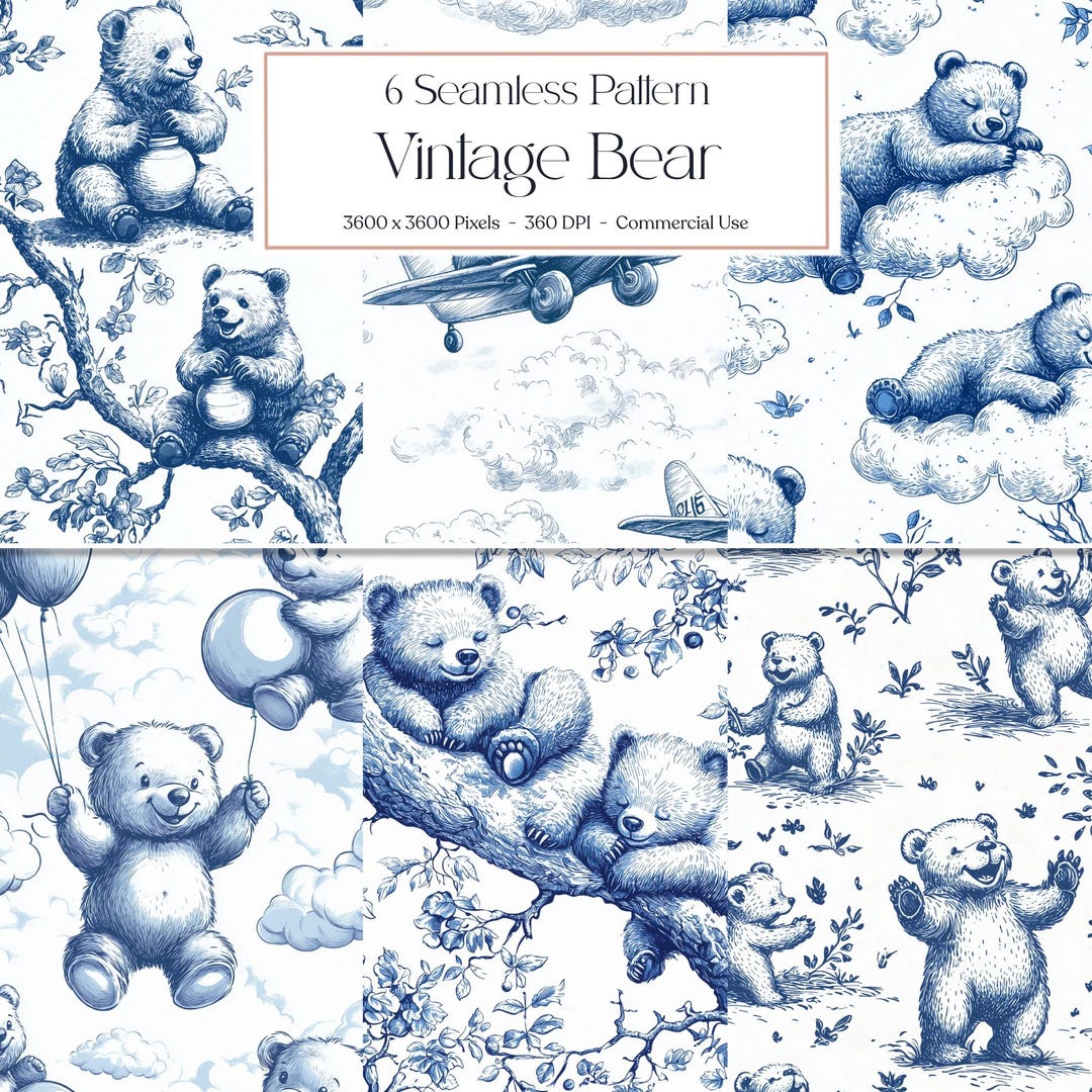Seamless Vintage Bear Digital Papers, Seamless Nursery Background ...