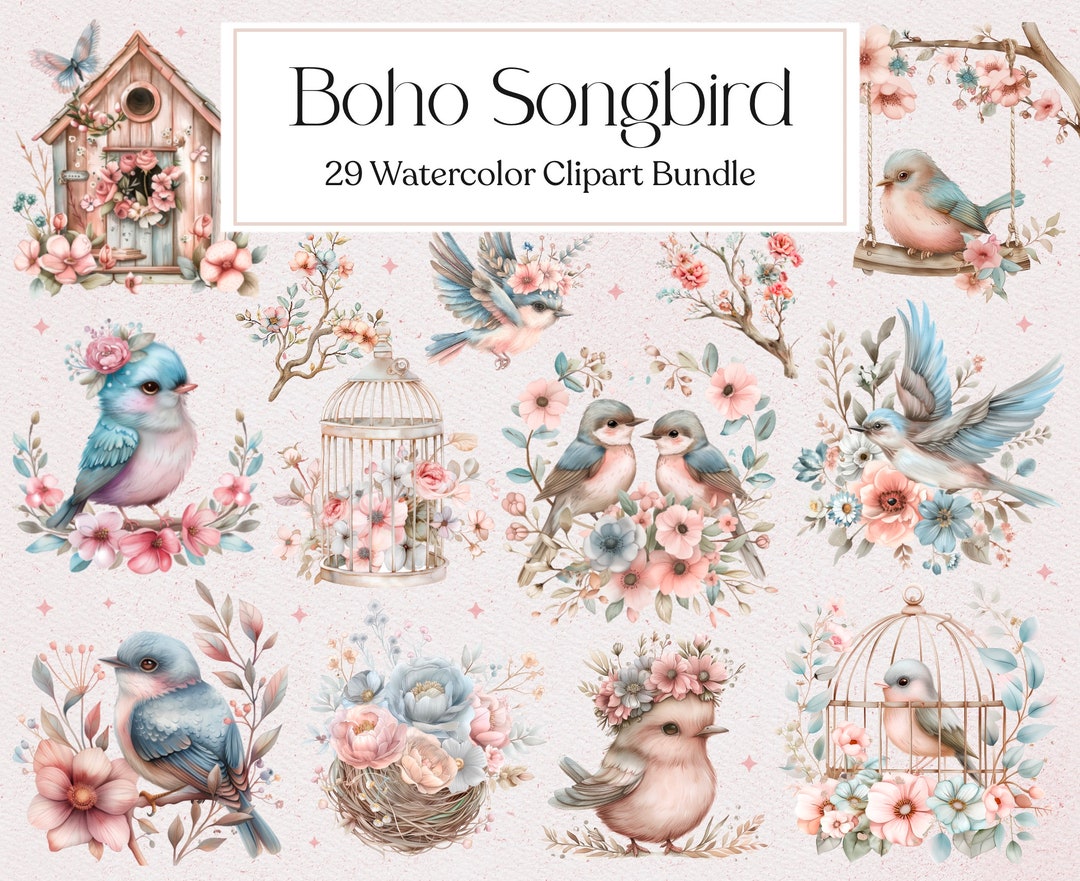 29 Boho Songbirds Watercolor Clipart, Watercolor Floral Birds Clipart ...