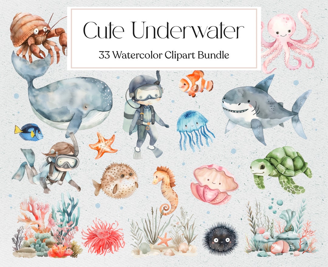 33 Underwater Clipart, Watercolor Undersea Animals Clipart, Cute Ocean ...