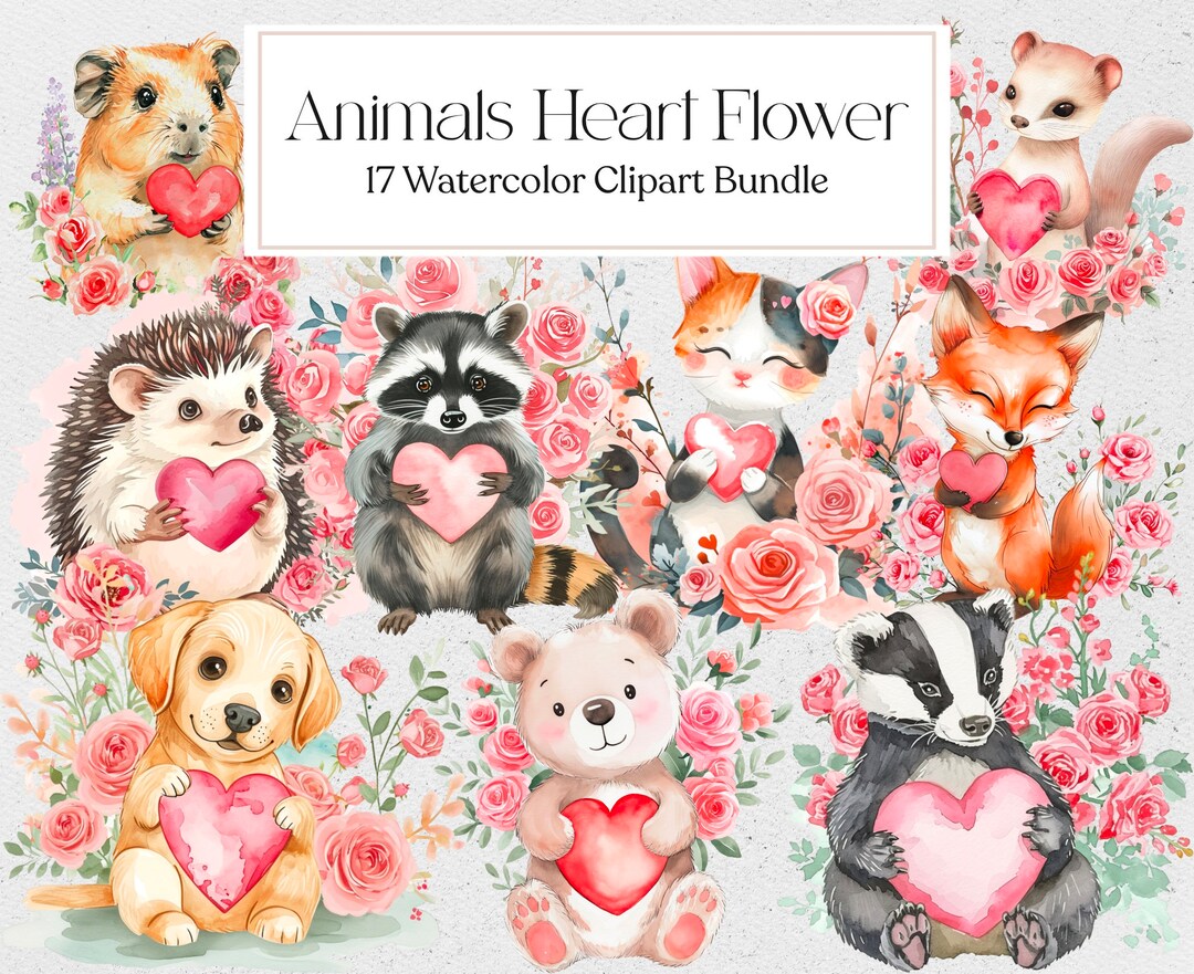 Watercolor Animals With Heart Clipart, Cute Animals Flowers Clipart ...