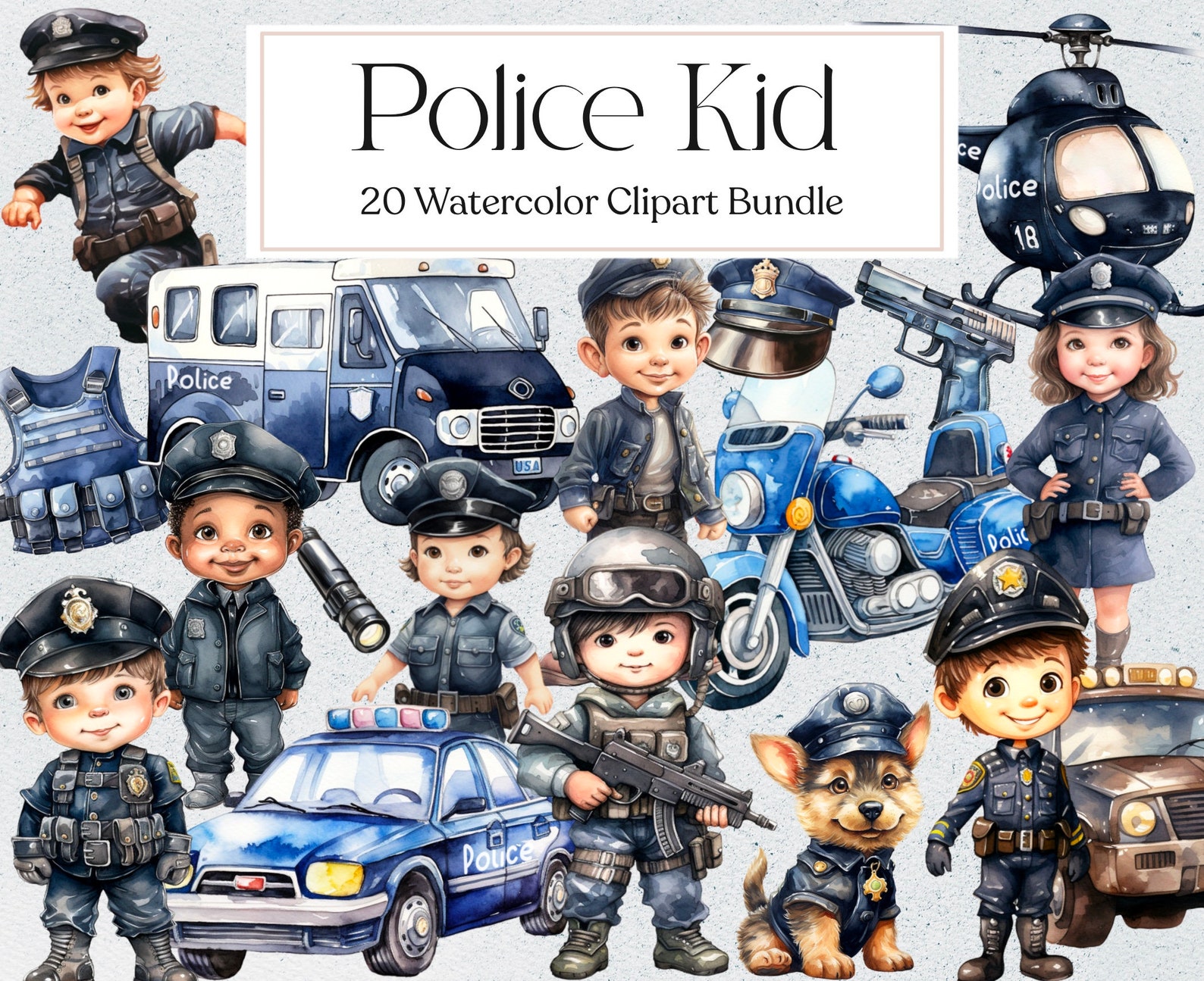 20 Police Kid Clipart, Watercolor Police Clipart, Police Car, Kid ...