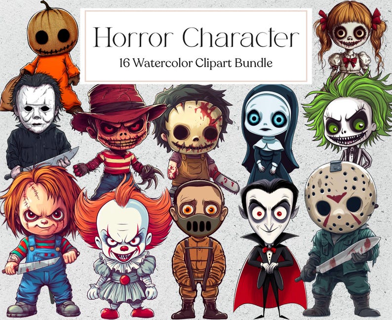 Horror Character Clipart, Watercolor Cute Halloween Character Clipart ...