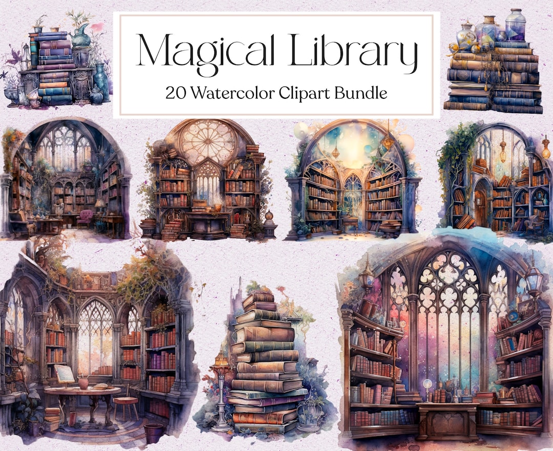 20 Magical Library Watercolor Clipart, Magical Books Clipart ...
