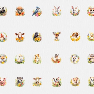 24 Watercolor Spring Flowers Cute Animals Clipart, Baby Animals Clipart ...