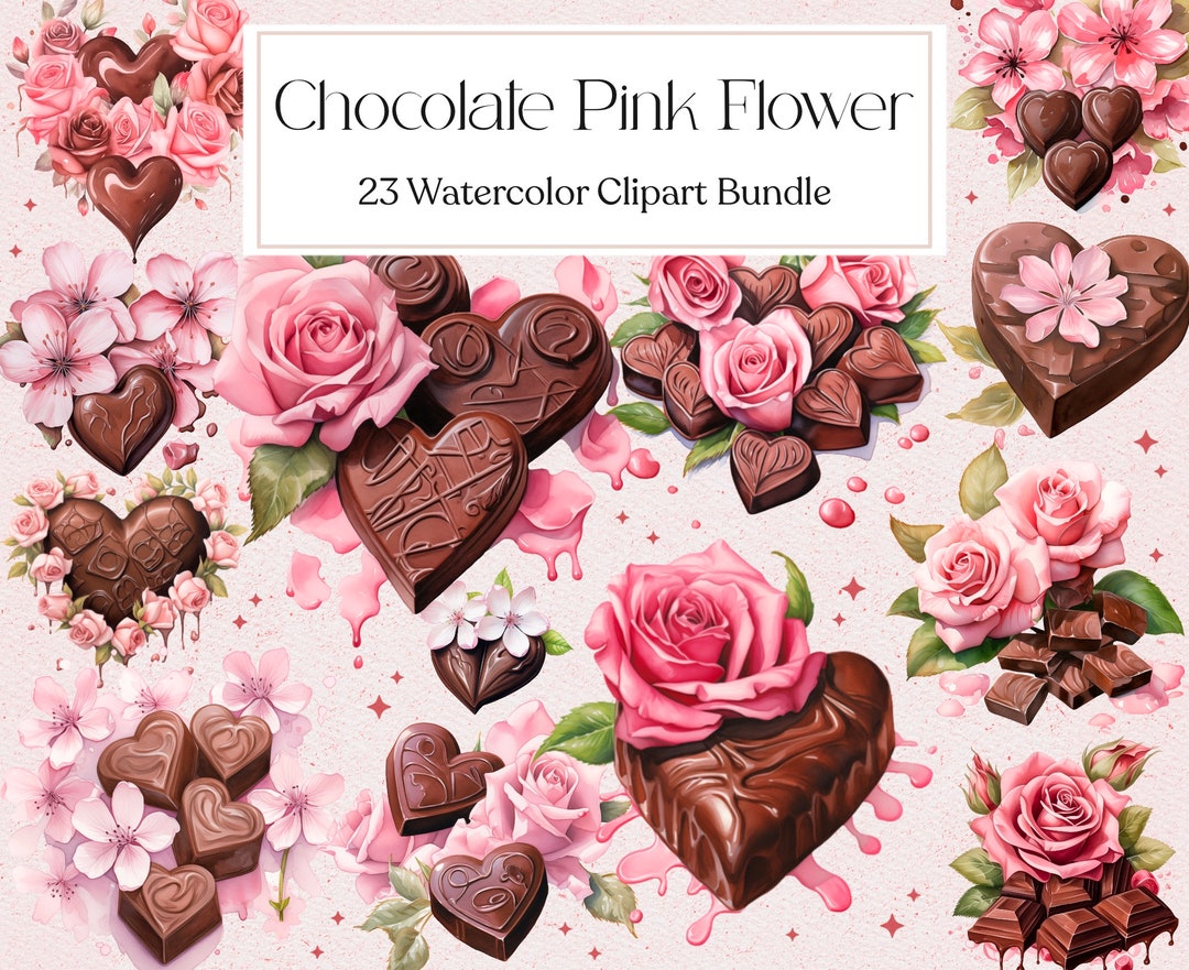 Chocolate Pink Flowers Clipart, Watercolor Valentine’s Day Clipart ...